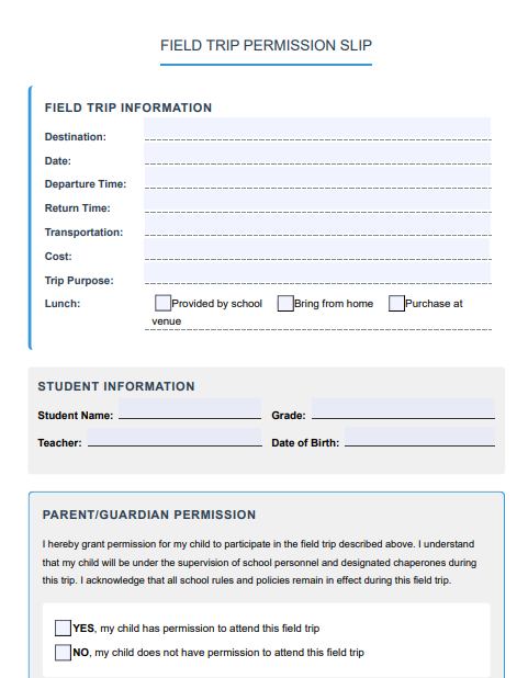 Field Trip Permission Slip Template: Printable Forms